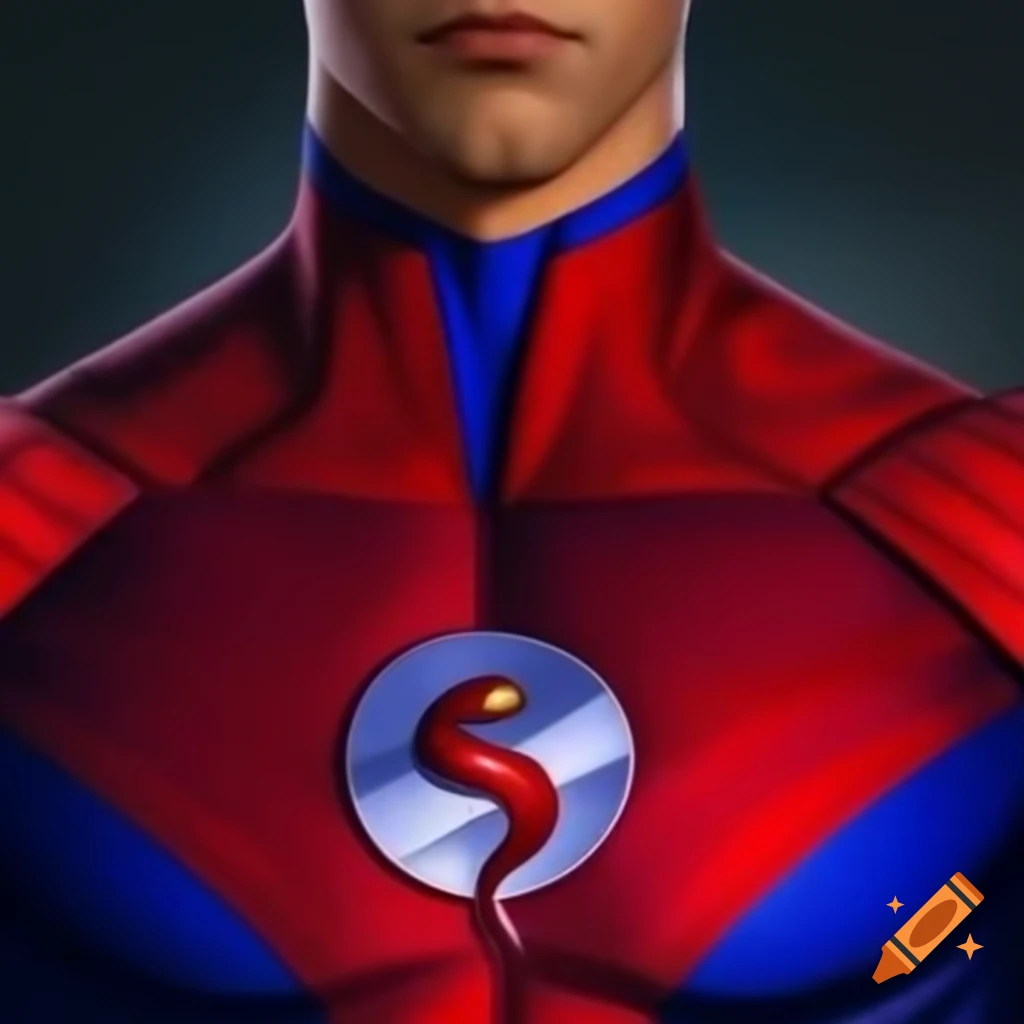 Superhero in violet and red costume featuring snake symbol on chest on ...