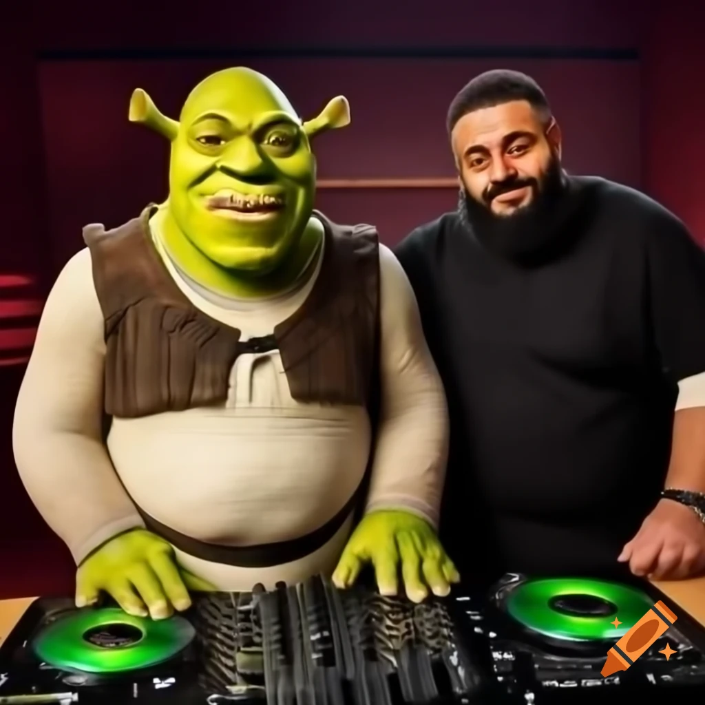 Shrek and DJ Khaled collaborating in a music studio on Craiyon