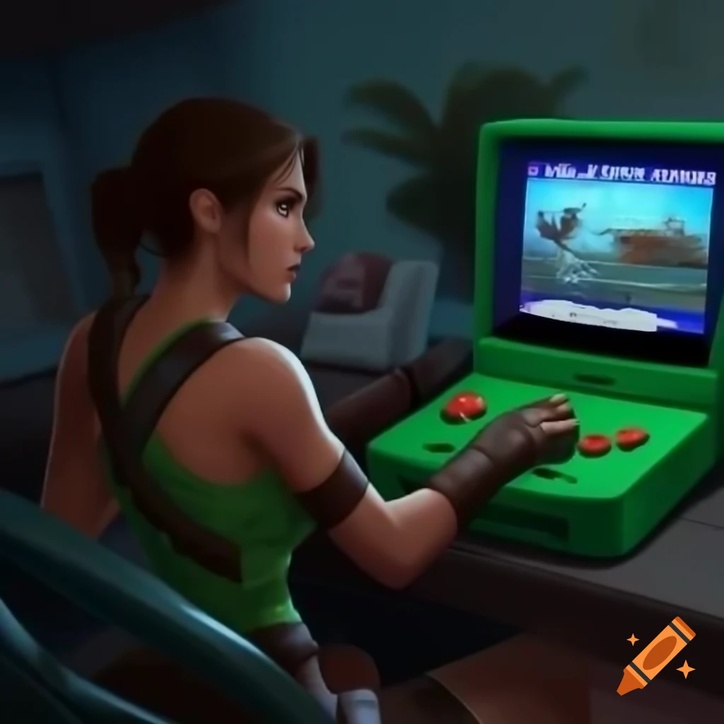 Character resembling lara croft playing nintendo nes on Craiyon