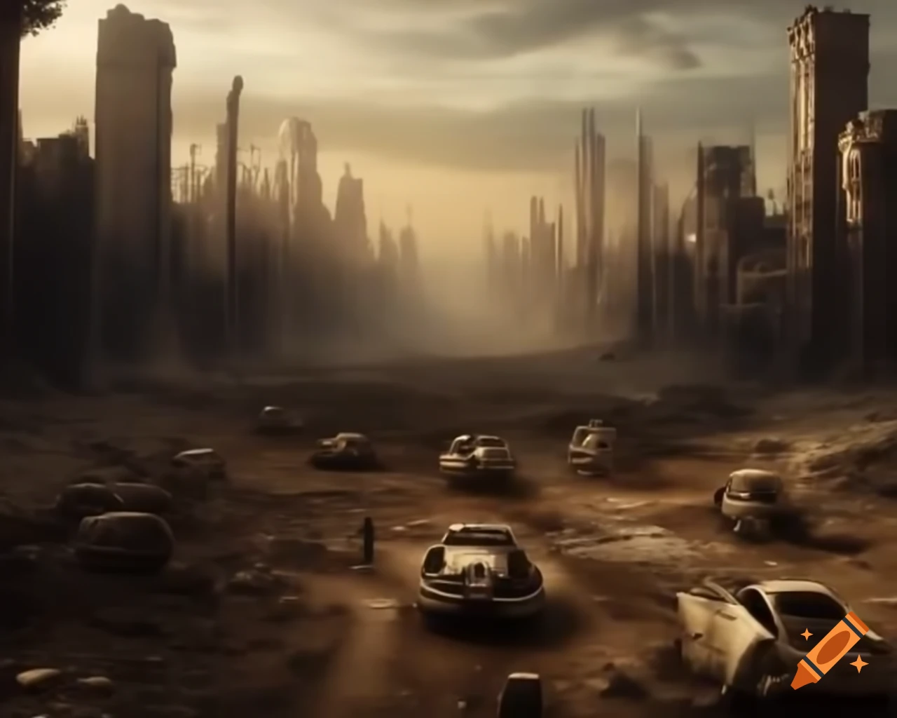 Desolate war-torn wasteland with crumbling skyscrapers and ruined ...