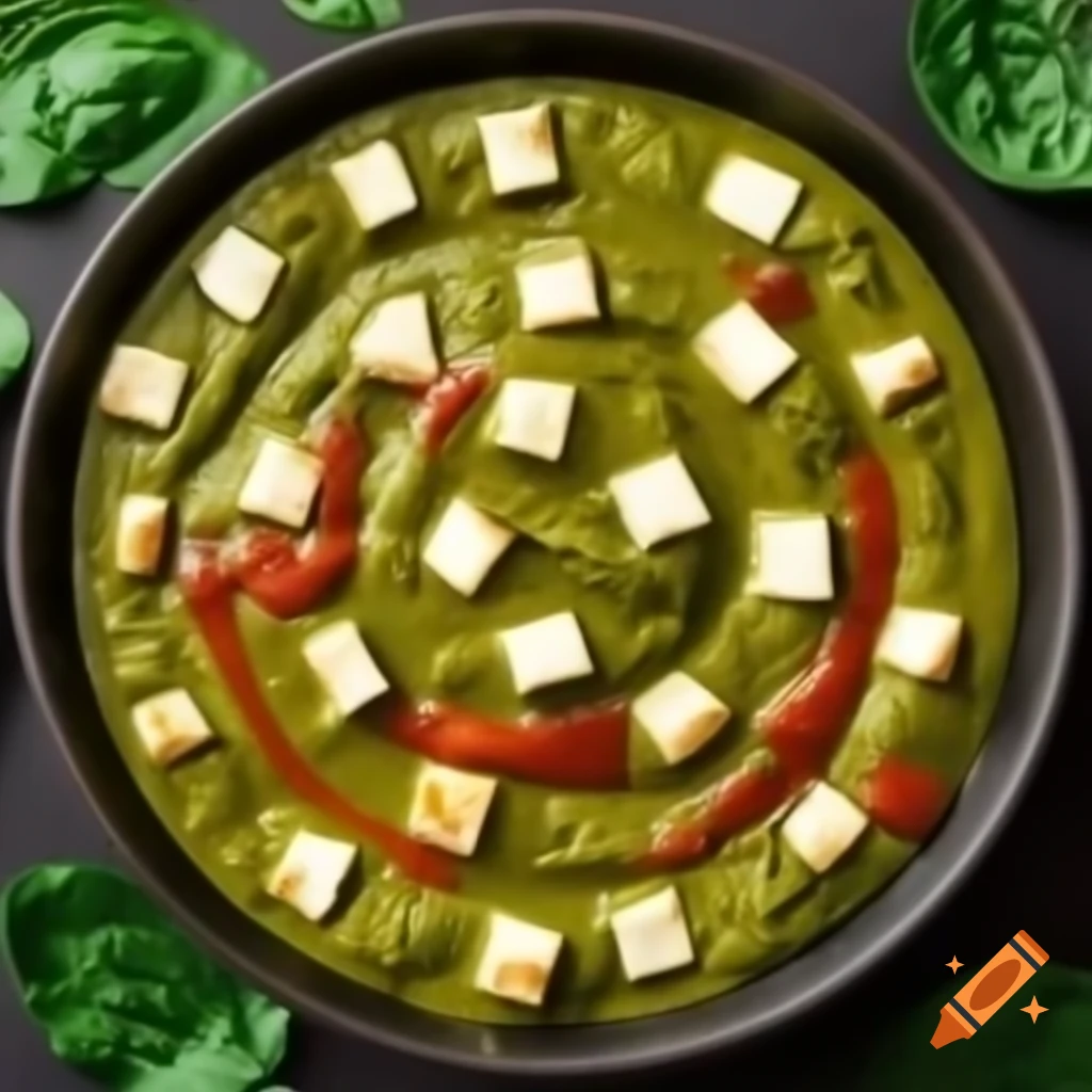 Platter of creamy palak paneer with aromatic sauce and browned paneer ...