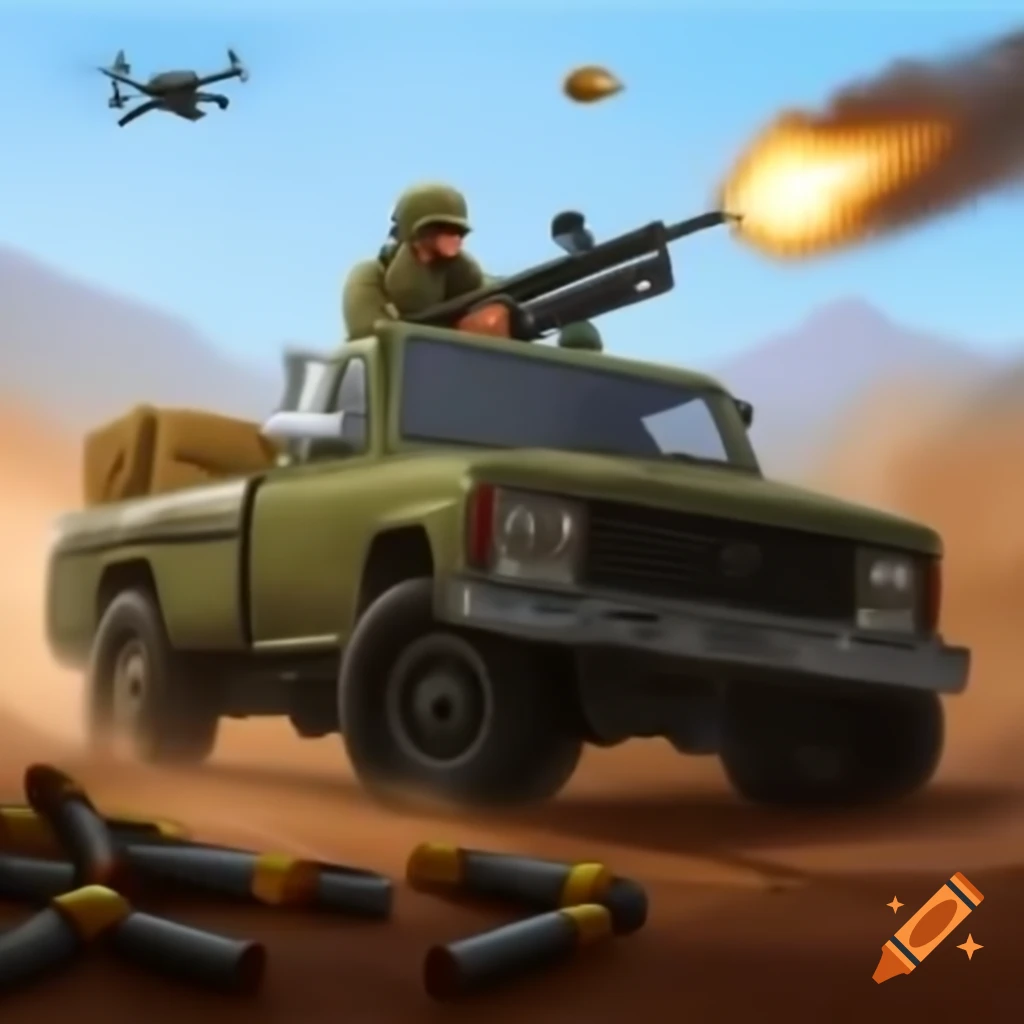 Heroic soldier firing machine gun at enemy drone from pickup truck on ...