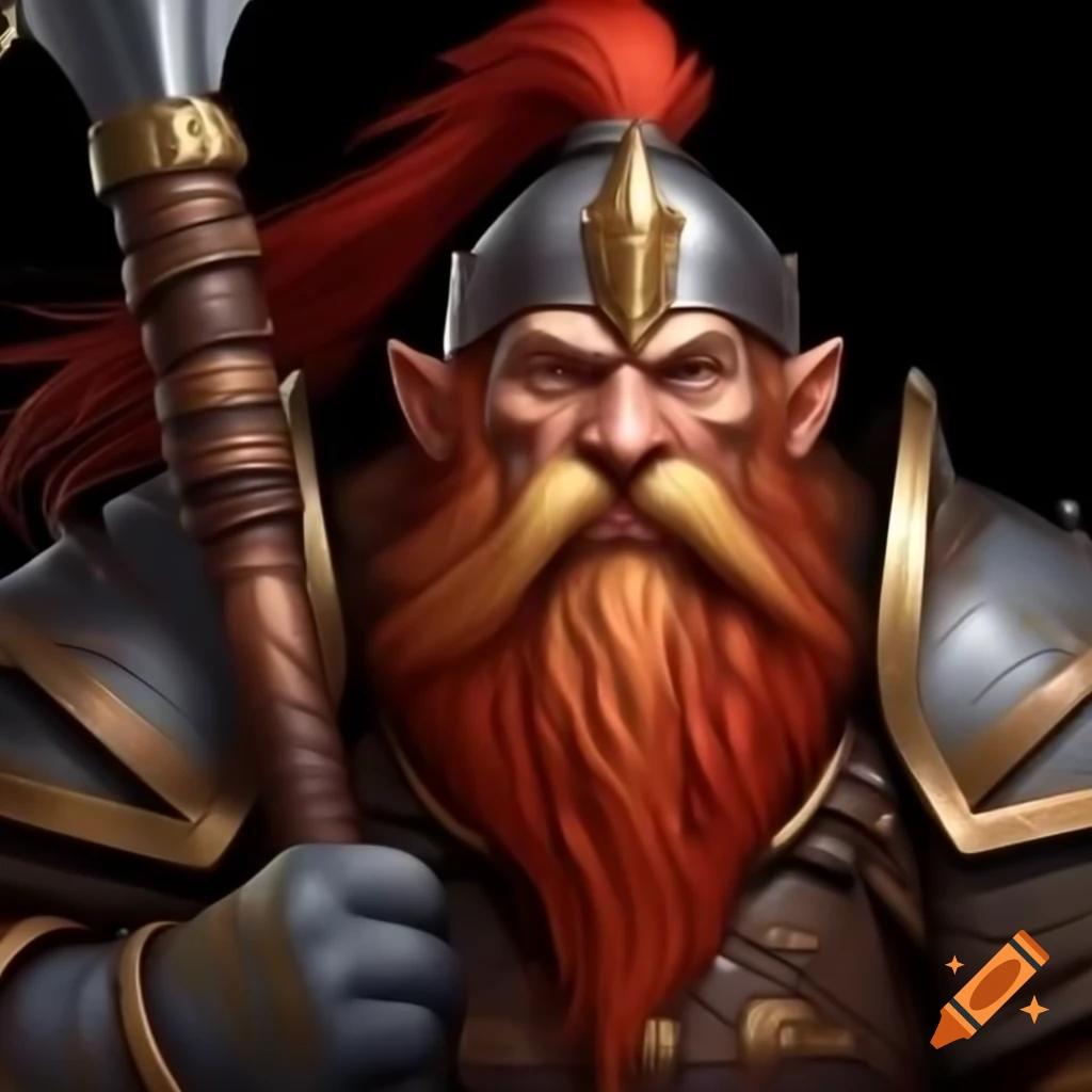 Dwarf with red beard in gold armor holding a halberd on Craiyon