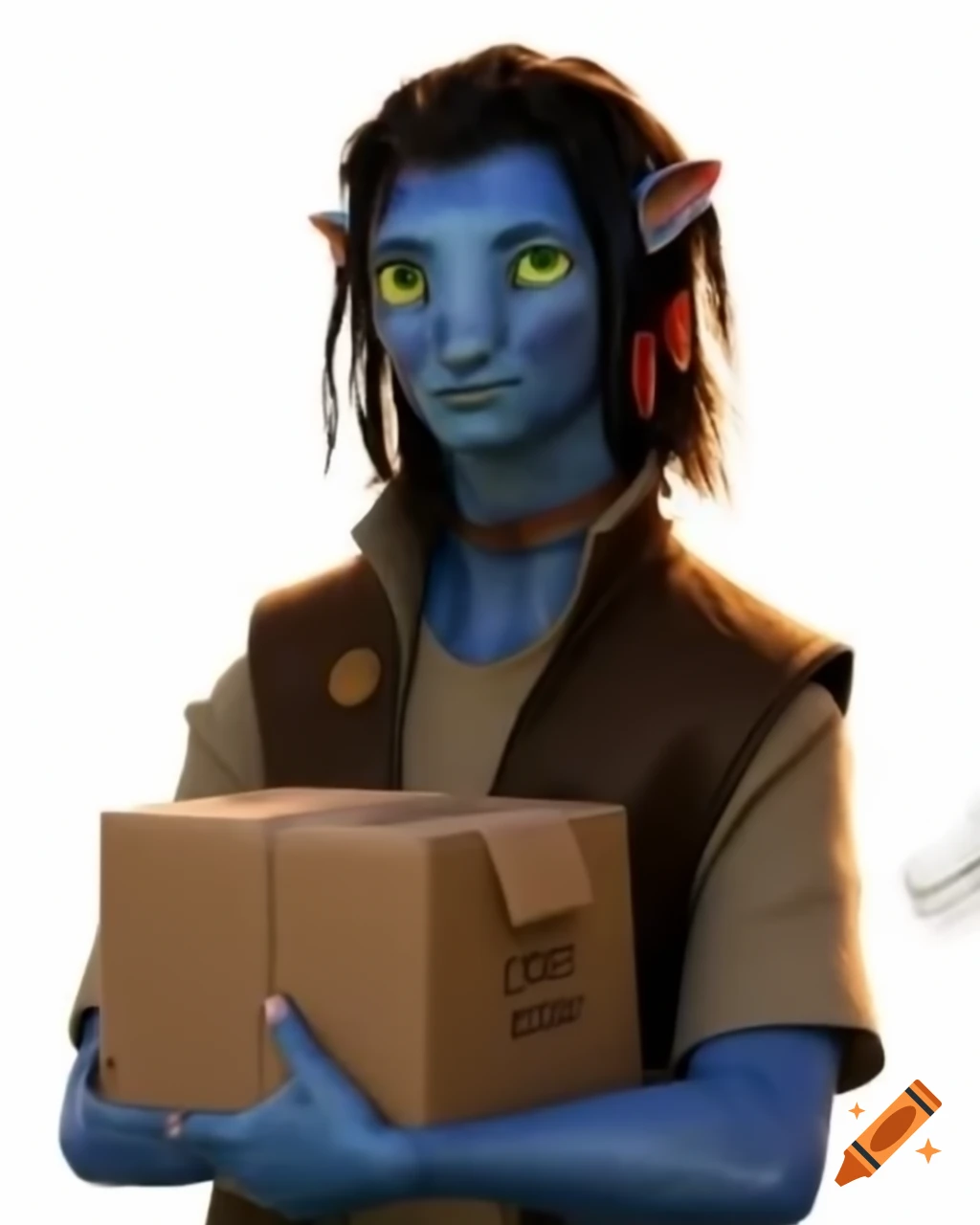 Male avatar with green eyes as a postman holding a parcel against a ...