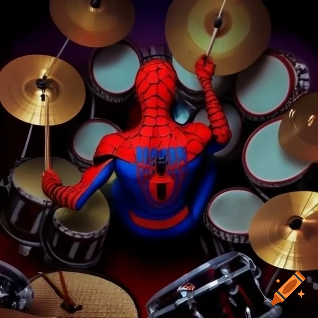 Spiderman playing drums in psychedelic rock band album cover on Craiyon