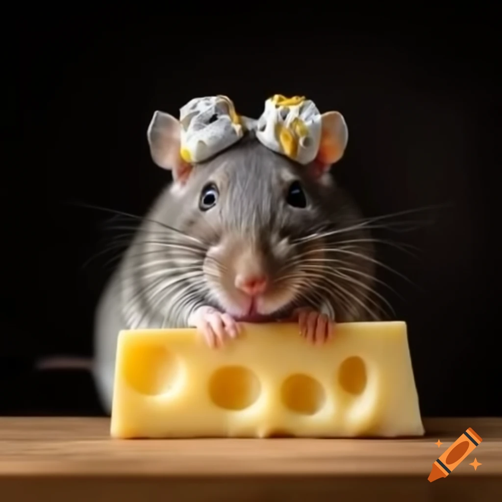 Female rat wearing headband sniffing cheese on Craiyon