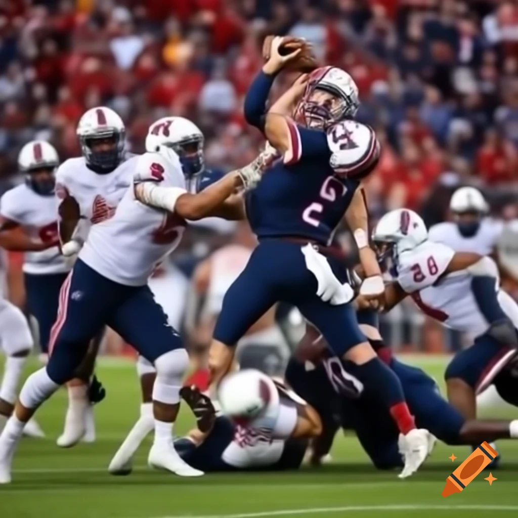 Intense american football game with tackles and cheering stadium on Craiyon