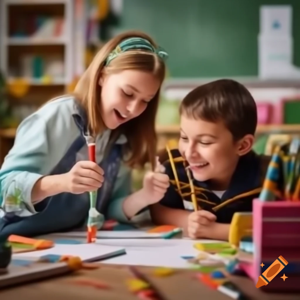 Students collaborating on school project with colorful materials on Craiyon