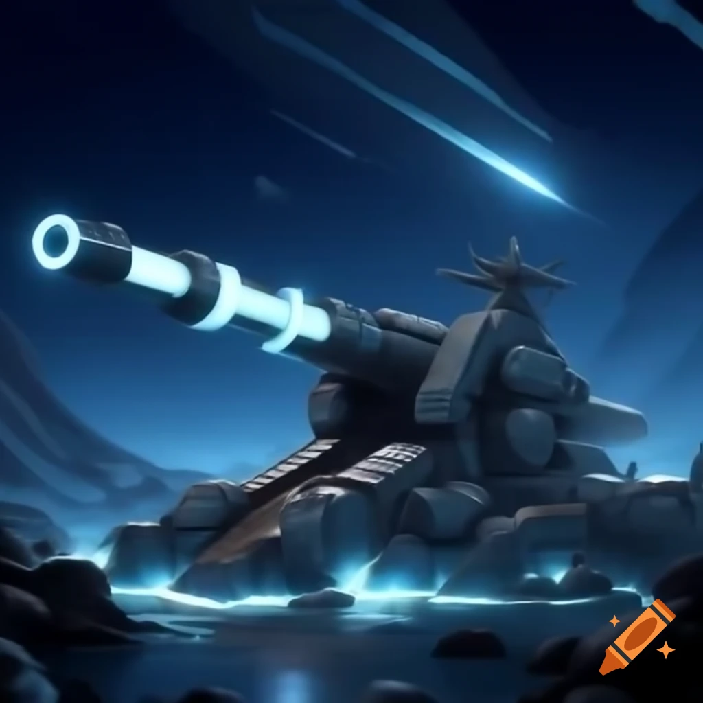 Futuristic giant destroyer cannon in mountainous military base at night ...