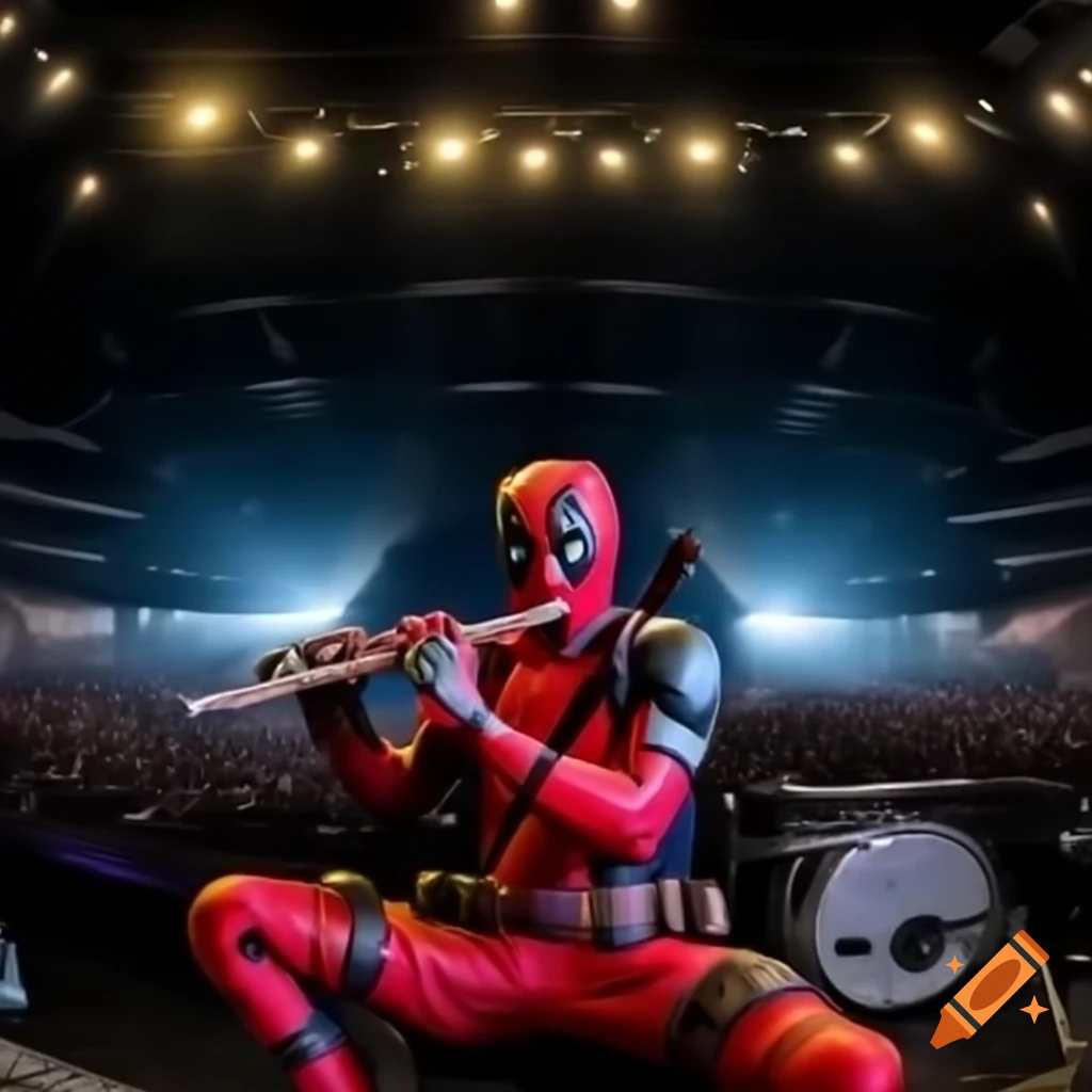 Deadpool playing flute on stage with band lights and crowd, 70s album ...