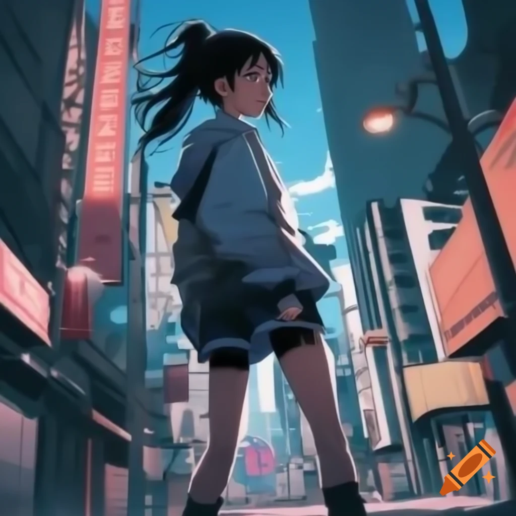 Anime girl in vibrant urban setting with manga aesthetics on Craiyon