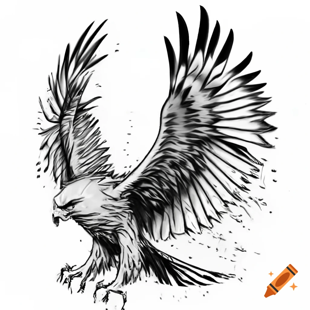 Notan black and white hawk with wings spread wide and piercing eyes on ...