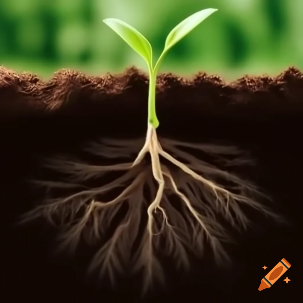 Close-up of seedling roots growing into the soil on Craiyon