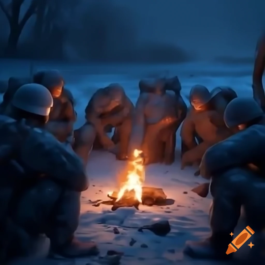 Battle-scarred soldiers warming by fire in bleak winter night on Craiyon