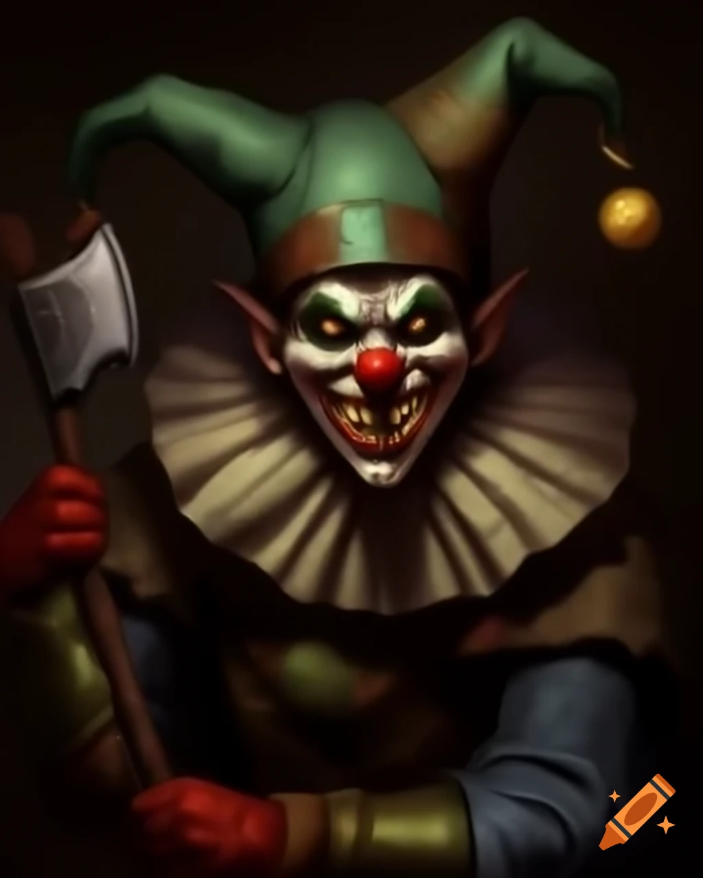 Mischievous court jester in chainmail pointing hatchet with a grin on ...