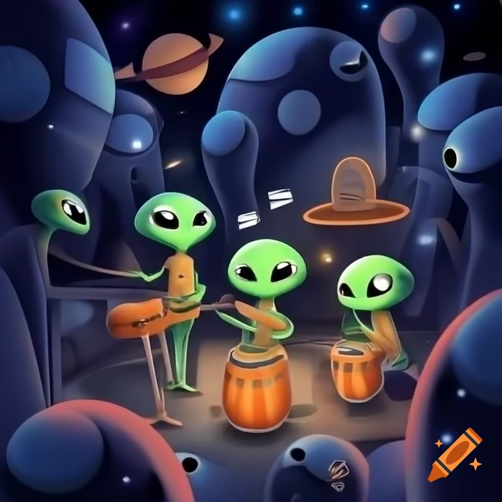 Cute aliens playing musical instruments aboard spaceships on Craiyon