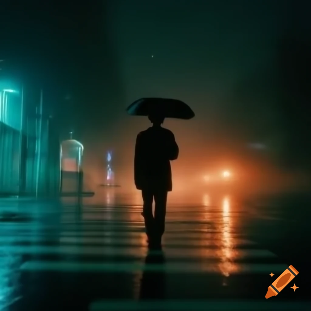 Pensive figure in rain at neon-lit crossroads, reflecting on life on ...
