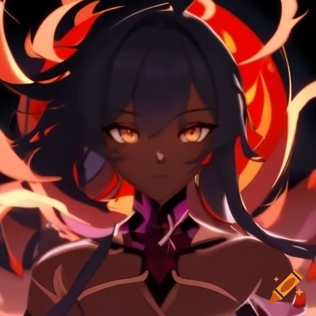 Anime heroine with dark brown skin in bold Honkai style on Craiyon