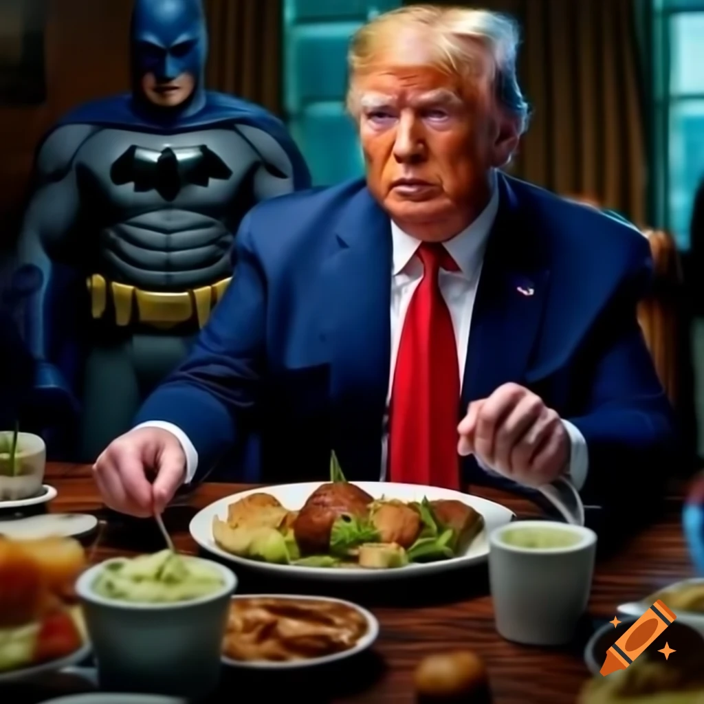 Donald Trump having lunch with Batman on Craiyon