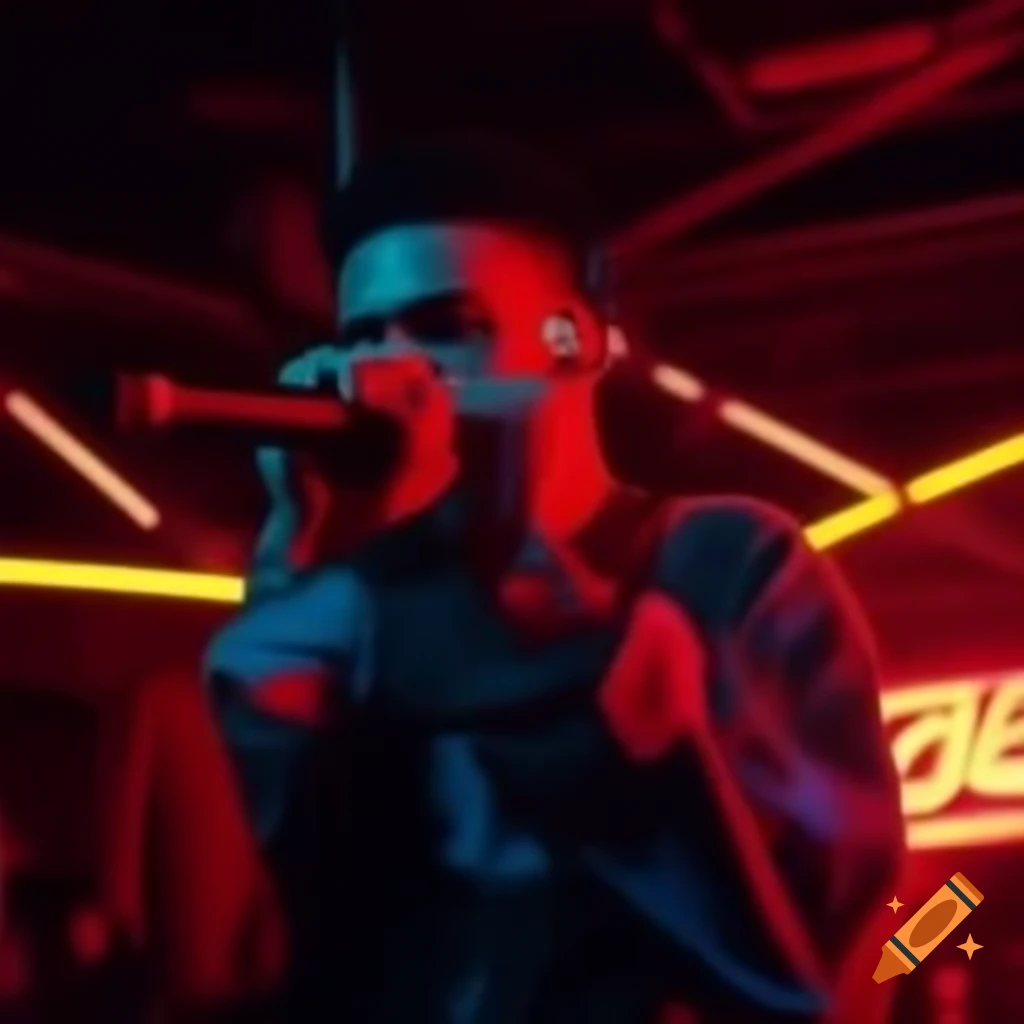 Beatbox performer on stage with microphone and neon lights on Craiyon