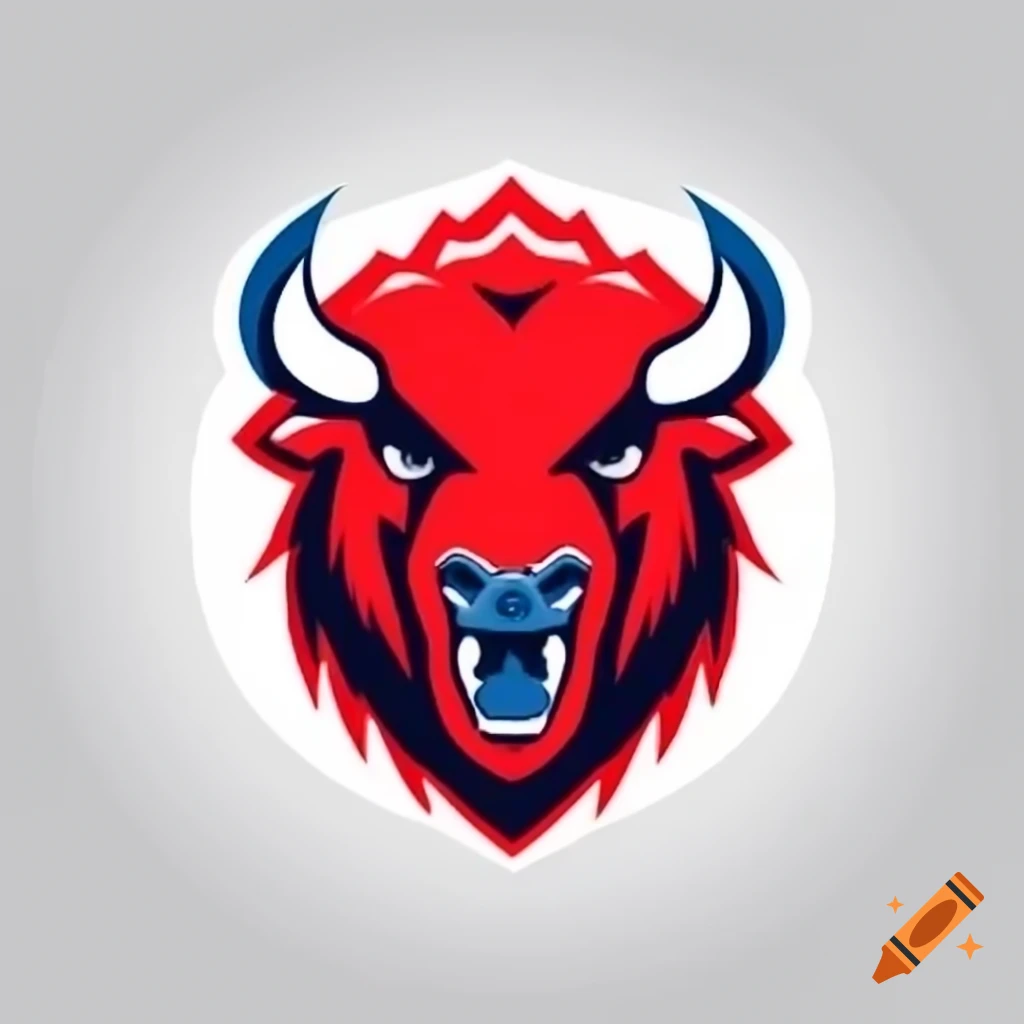 Aggressive bison logo featuring red, white, and blue colors on Craiyon