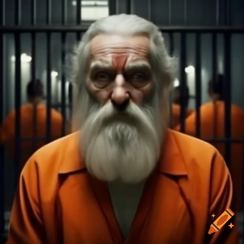 Portrait of an elderly man with a beard in prison cell wearing orange ...