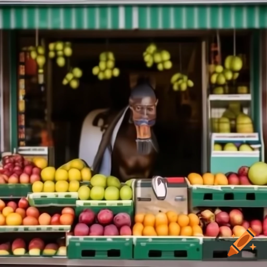 Horse in fruit shop with cat outside, showcasing various fruits on Craiyon