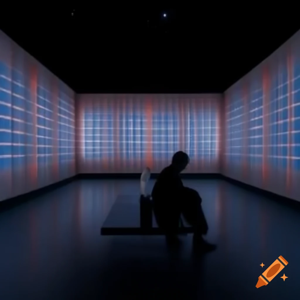 Museum interior with multiple light sources and central bench with two ...