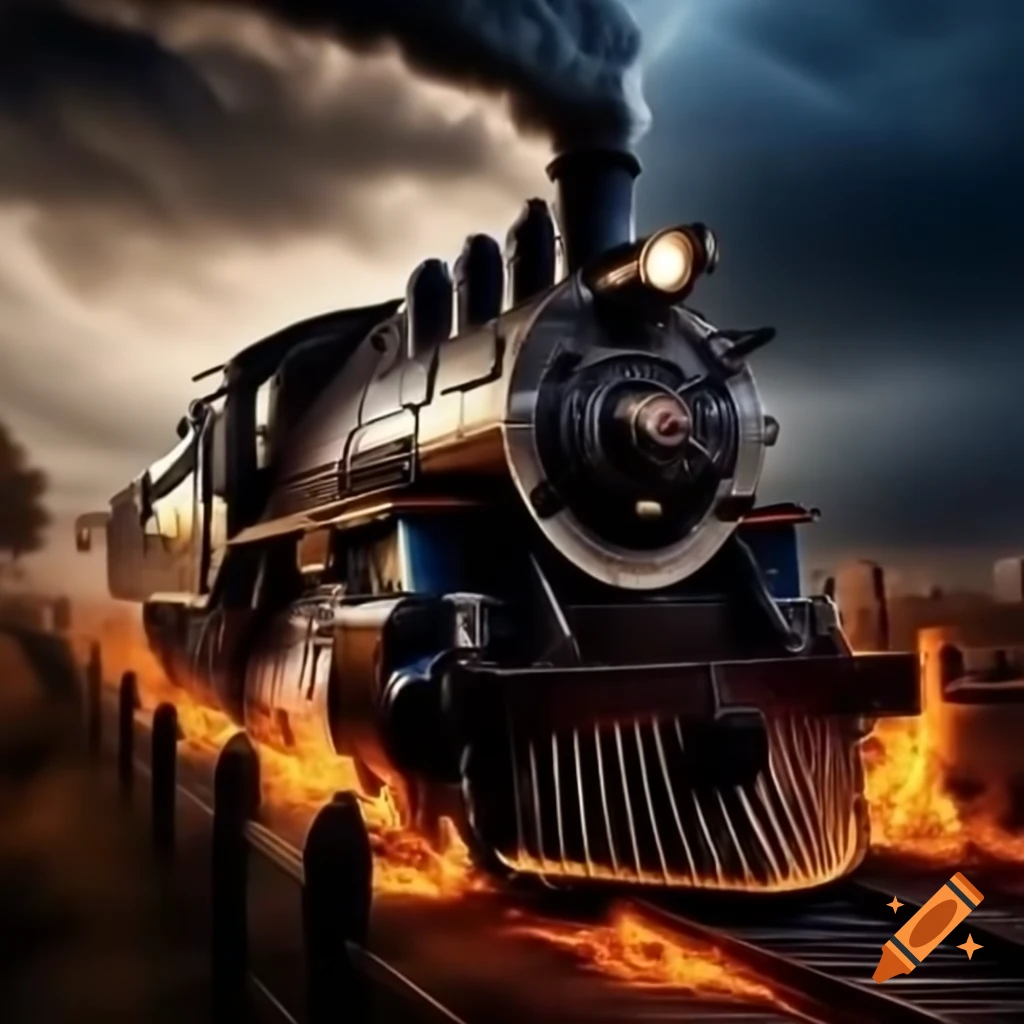 Ghost steam engine with skull light passing through a graveyard on Craiyon