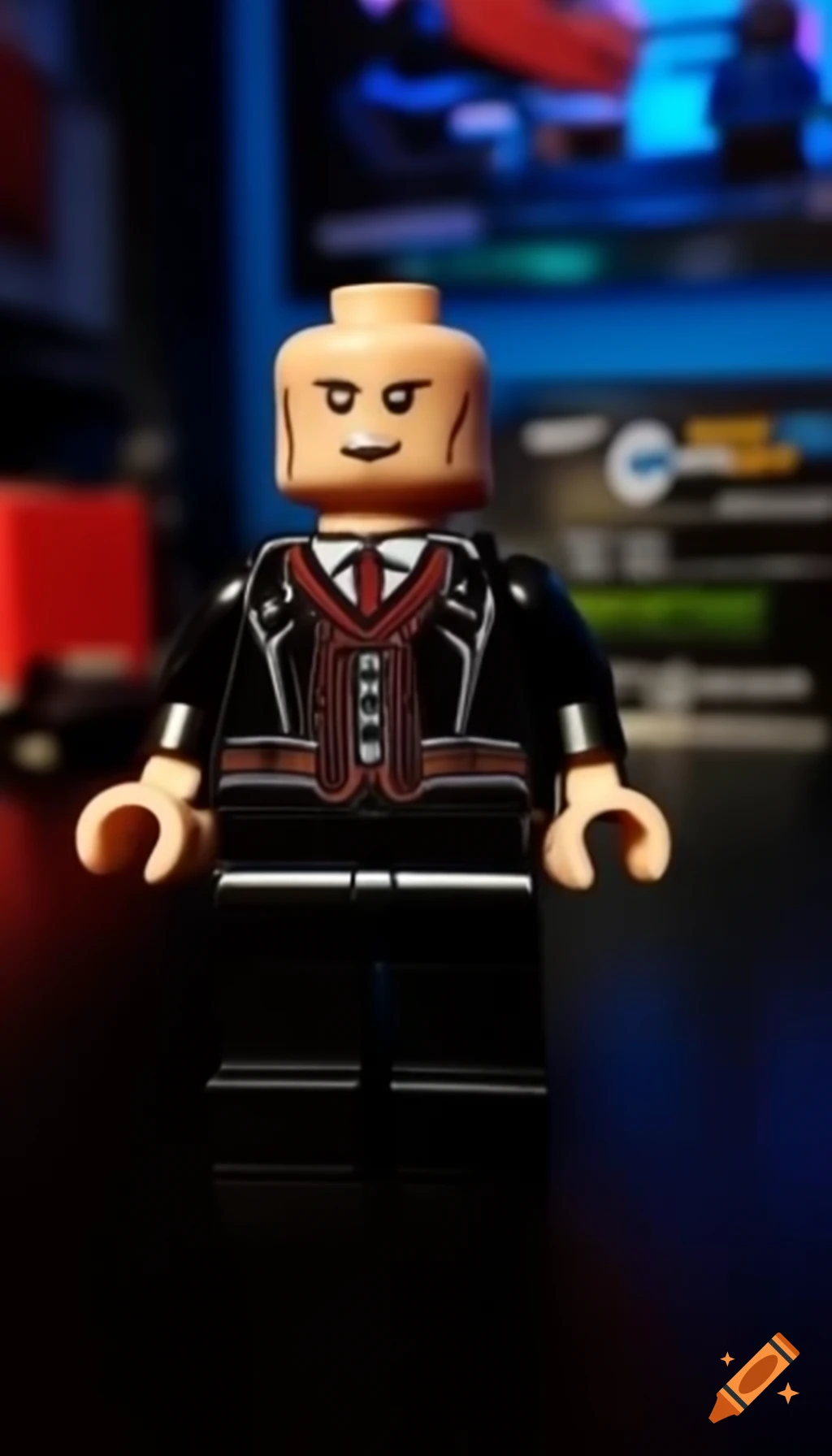 Action figure of Hitman with blurred Lego store background on Craiyon