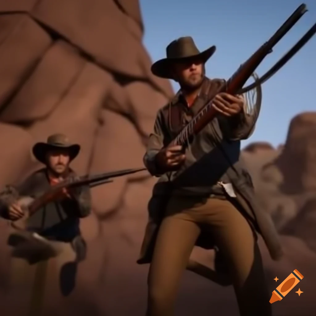 Wild west cowboys stalking dinosaurs in desert, velociraptors hiding ...