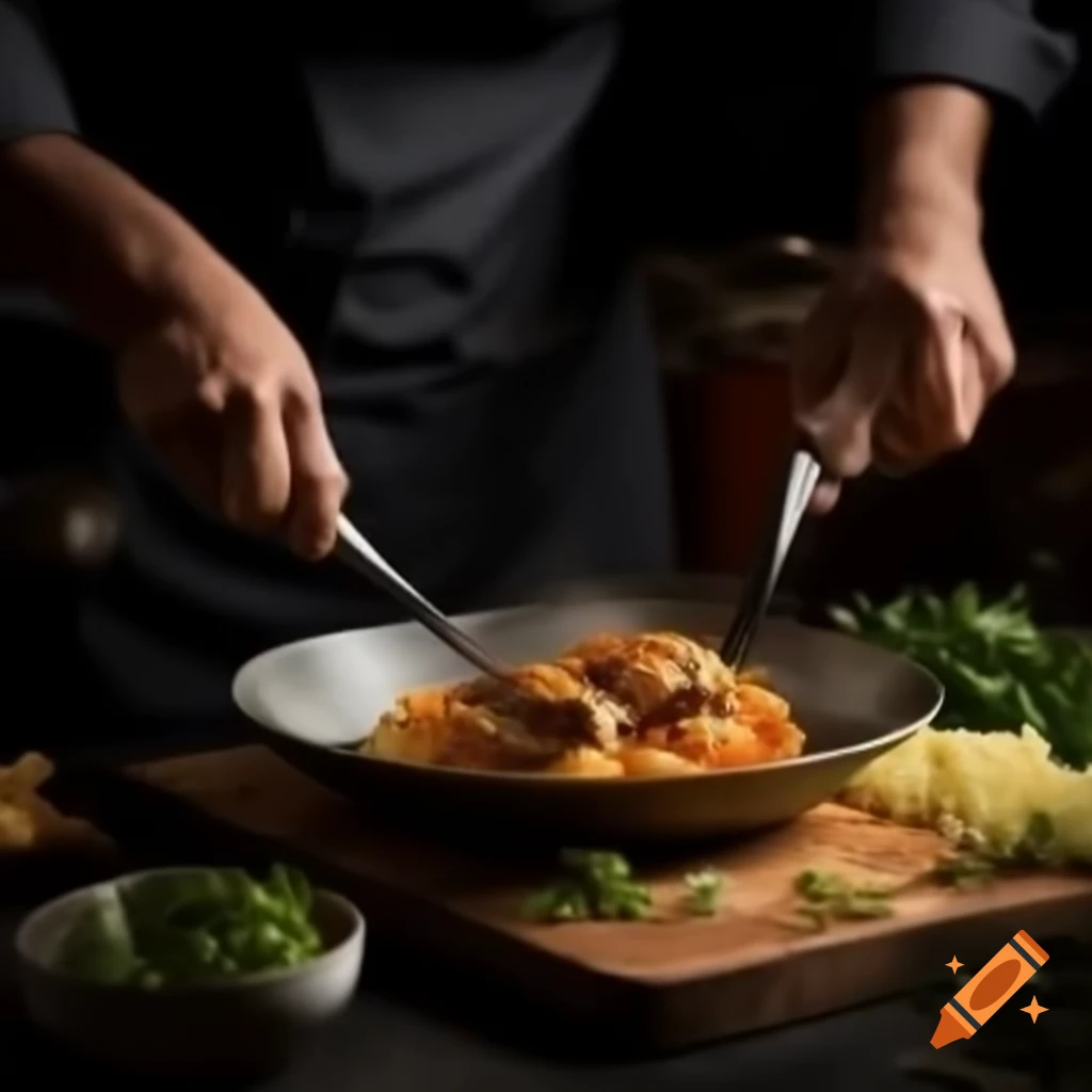 Chef hands preparing food in a kitchen on Craiyon