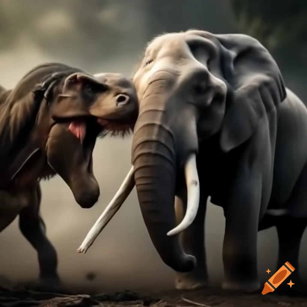 Elephant and tyrannosaurus in a fierce battle scene on Craiyon