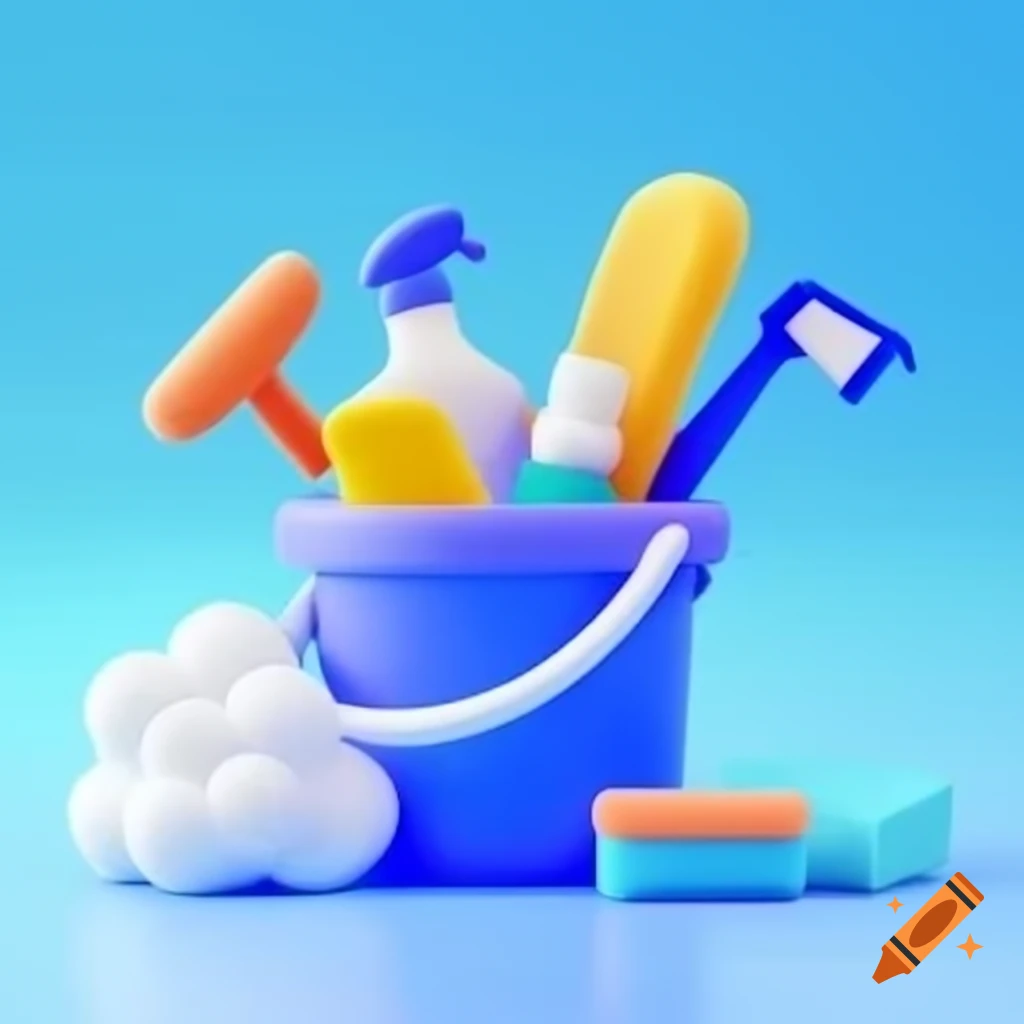 3D illustration of a bucket with cleaning tools and sponges on Craiyon