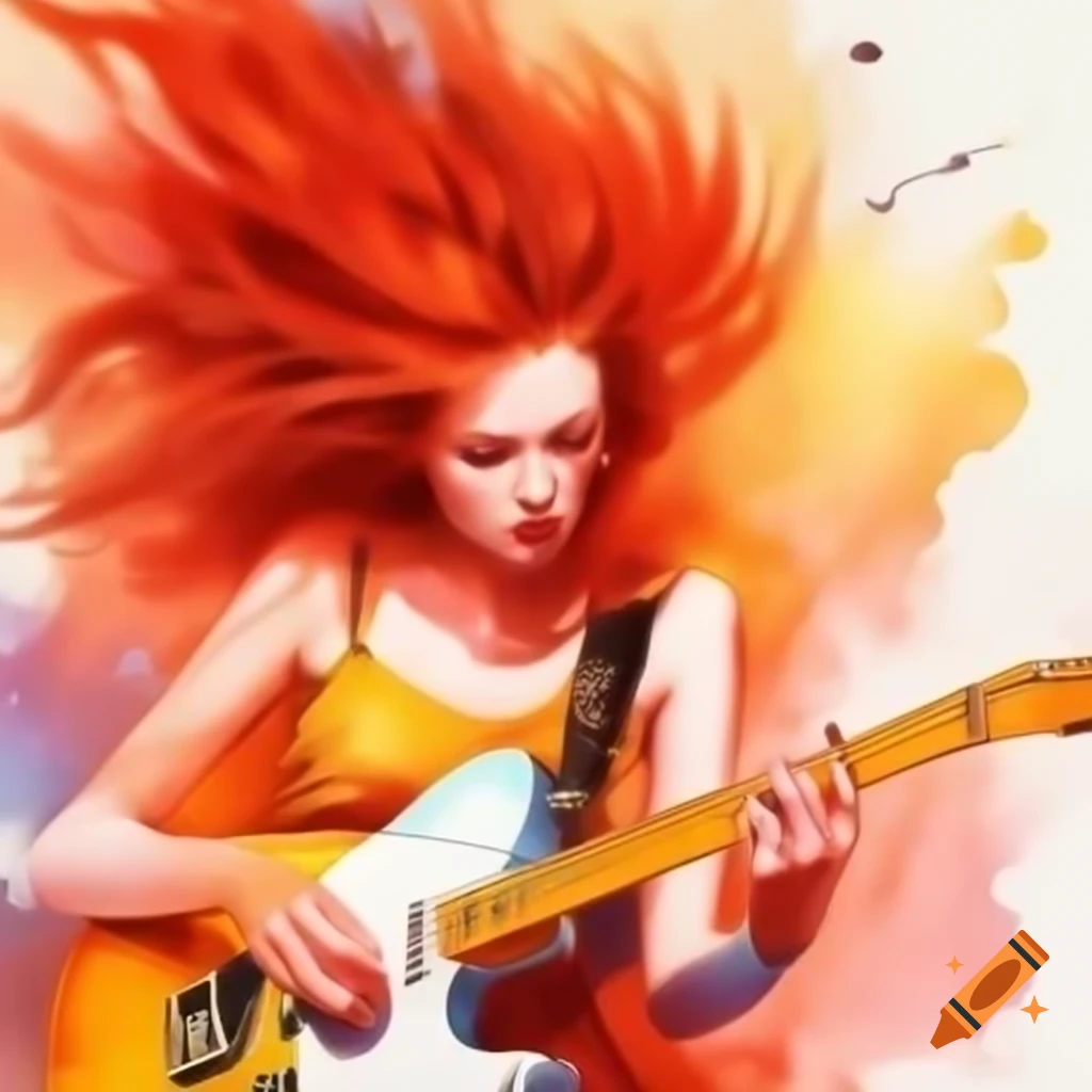 Woman with red hair playing Telecaster guitar in vibrant watercolor art ...