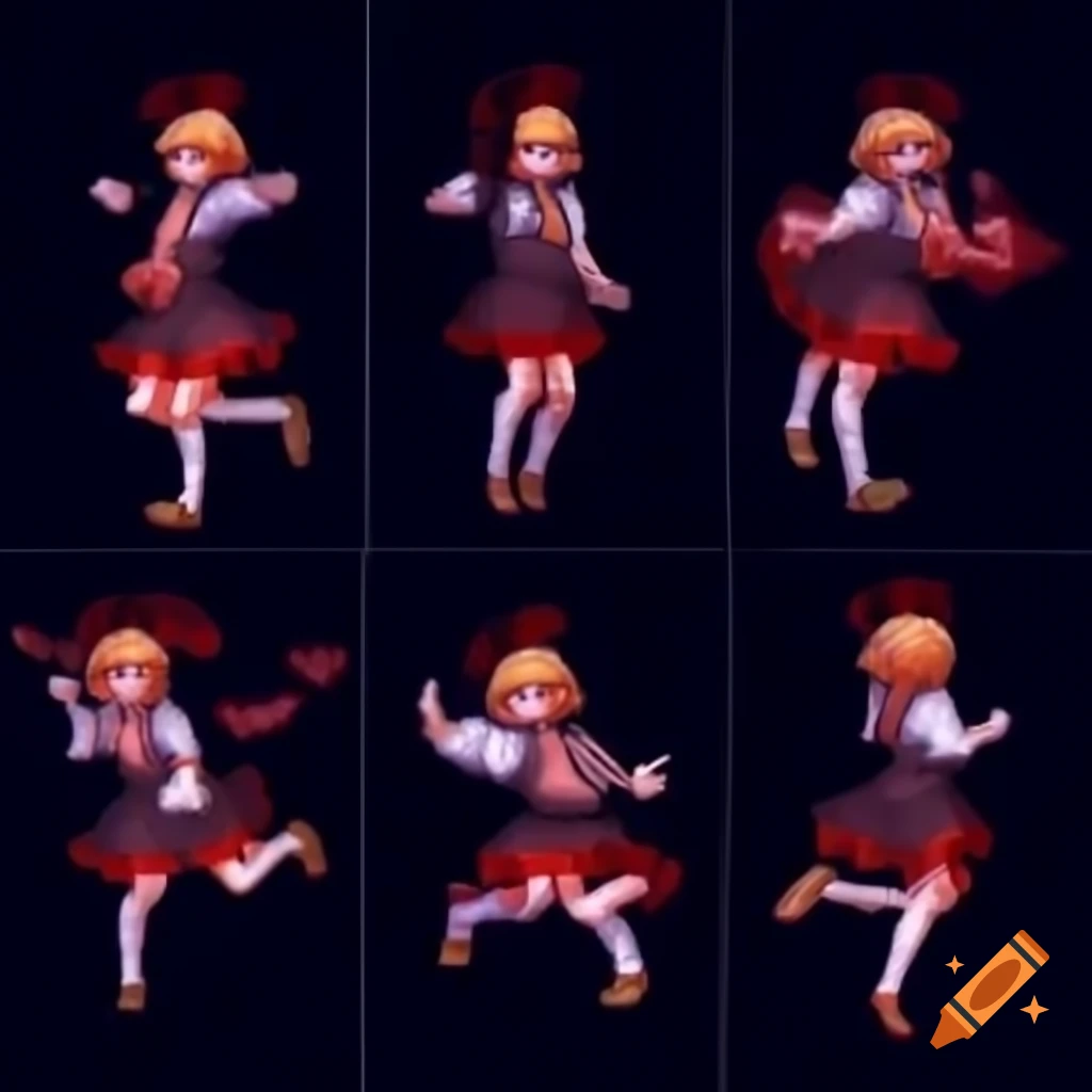Pixelated touhou-style sprite sheet of female character in dynamic ...