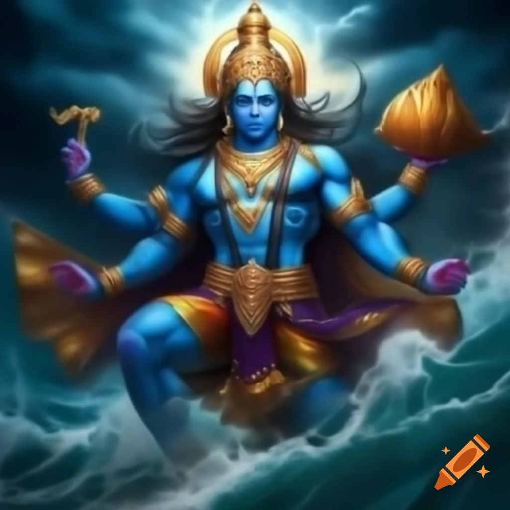 Lord vishnu with blue skin and golden armor sprinting across churning ...