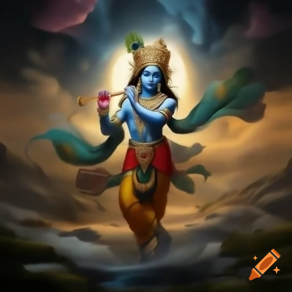 Lord Krishna surrounded by representations of his teachings in a ...