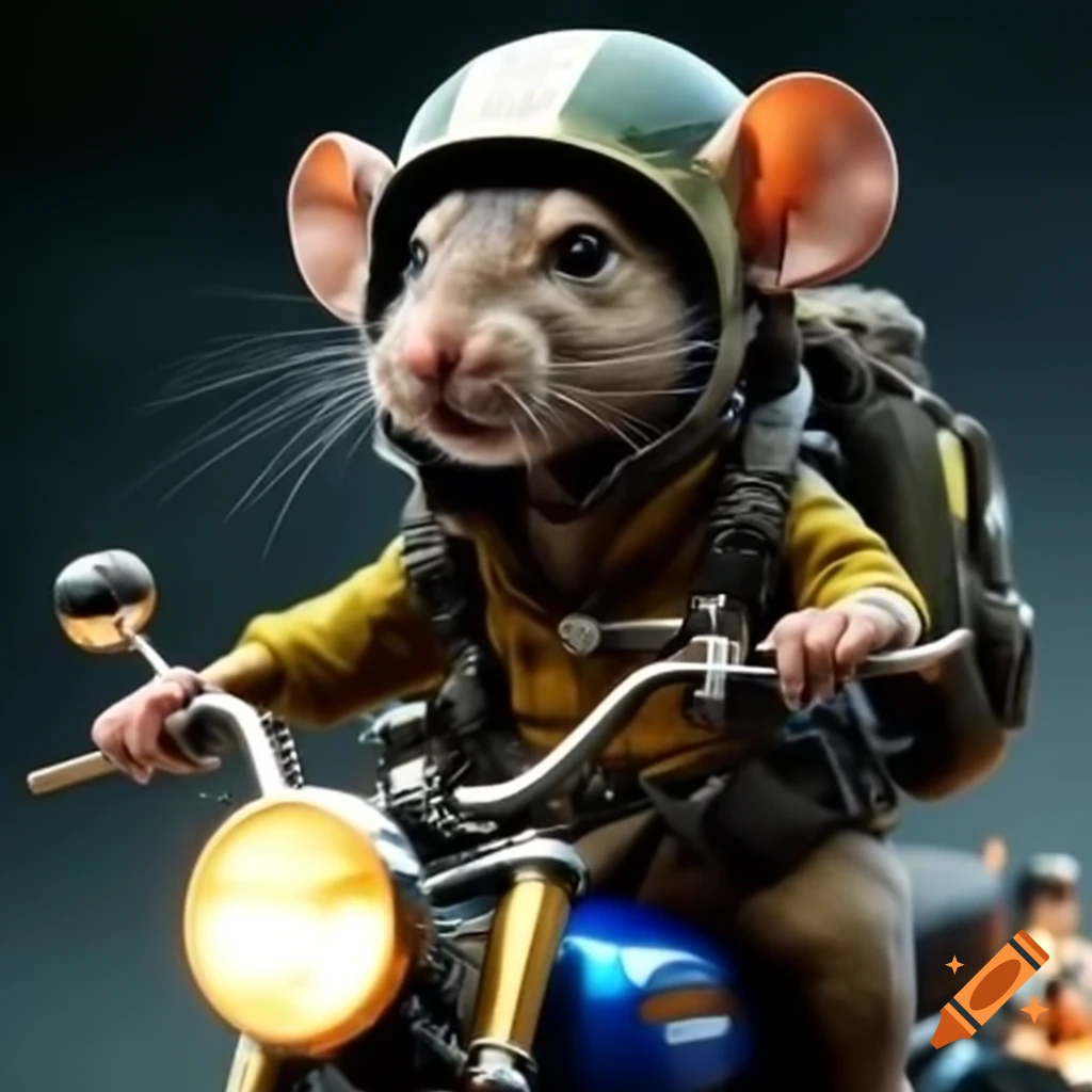 Realistic mouse wearing crash helmet parachuting from motorbike on Craiyon