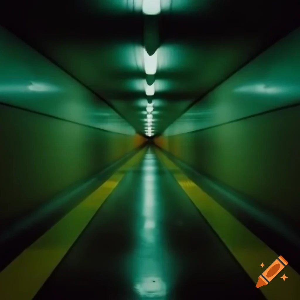 Damp, smelly carpeted hallway with pale yellow walls and dim buzzing lights on Craiyon