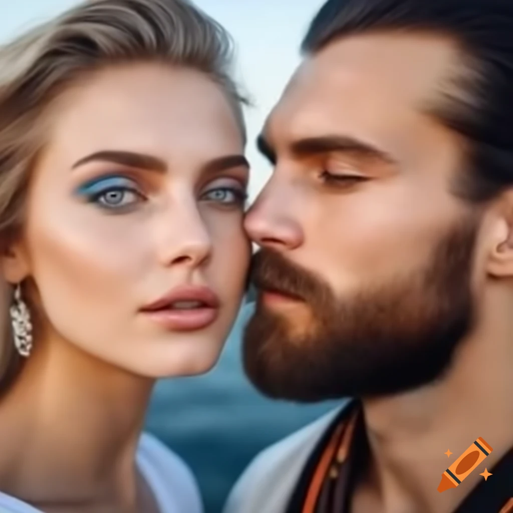 Slavic woman with blue eyes and Mediterranean man with beard gazing on ...
