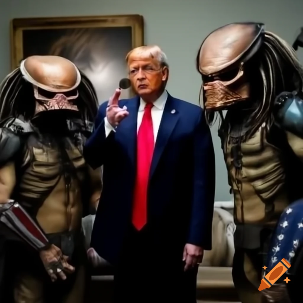Donald Trump interacting with Predator character in a humorous context ...