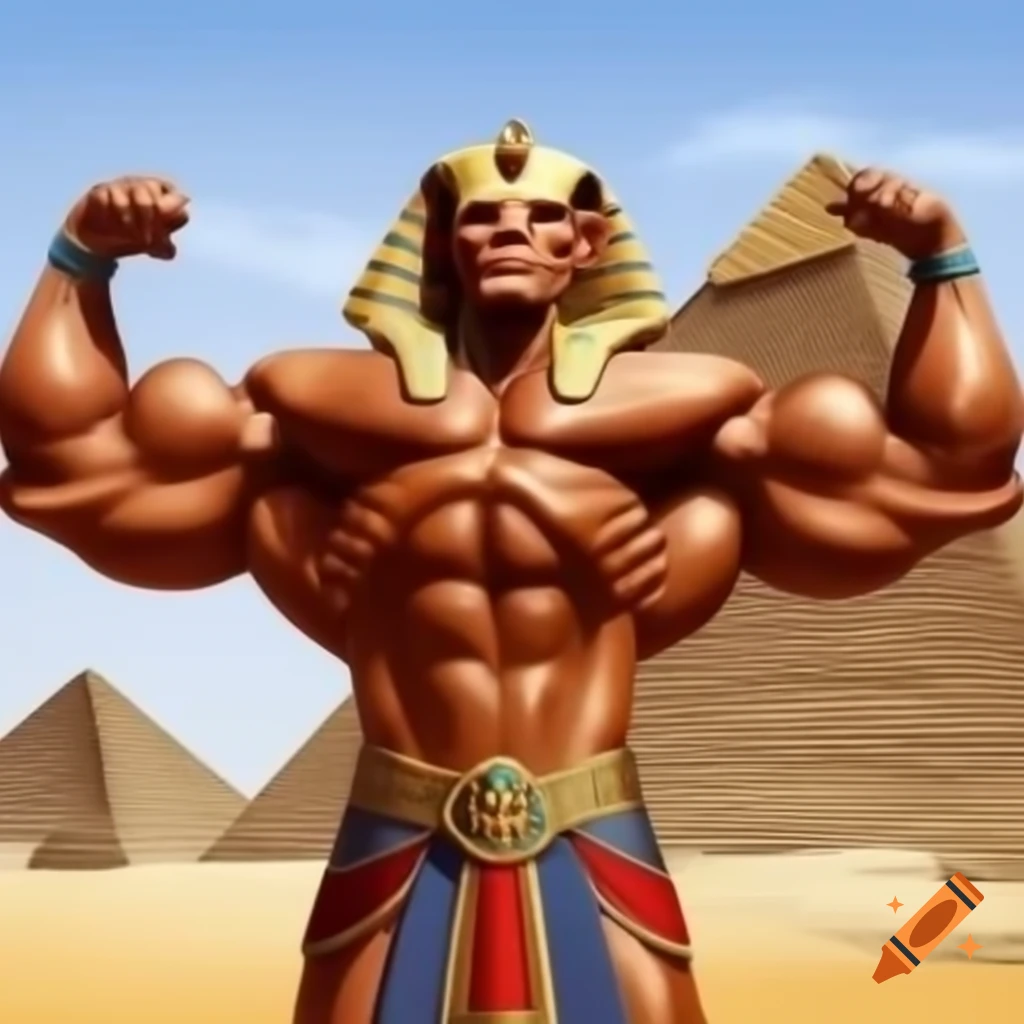 Bodybuilder pharaoh flexing on top of pyramid on Craiyon