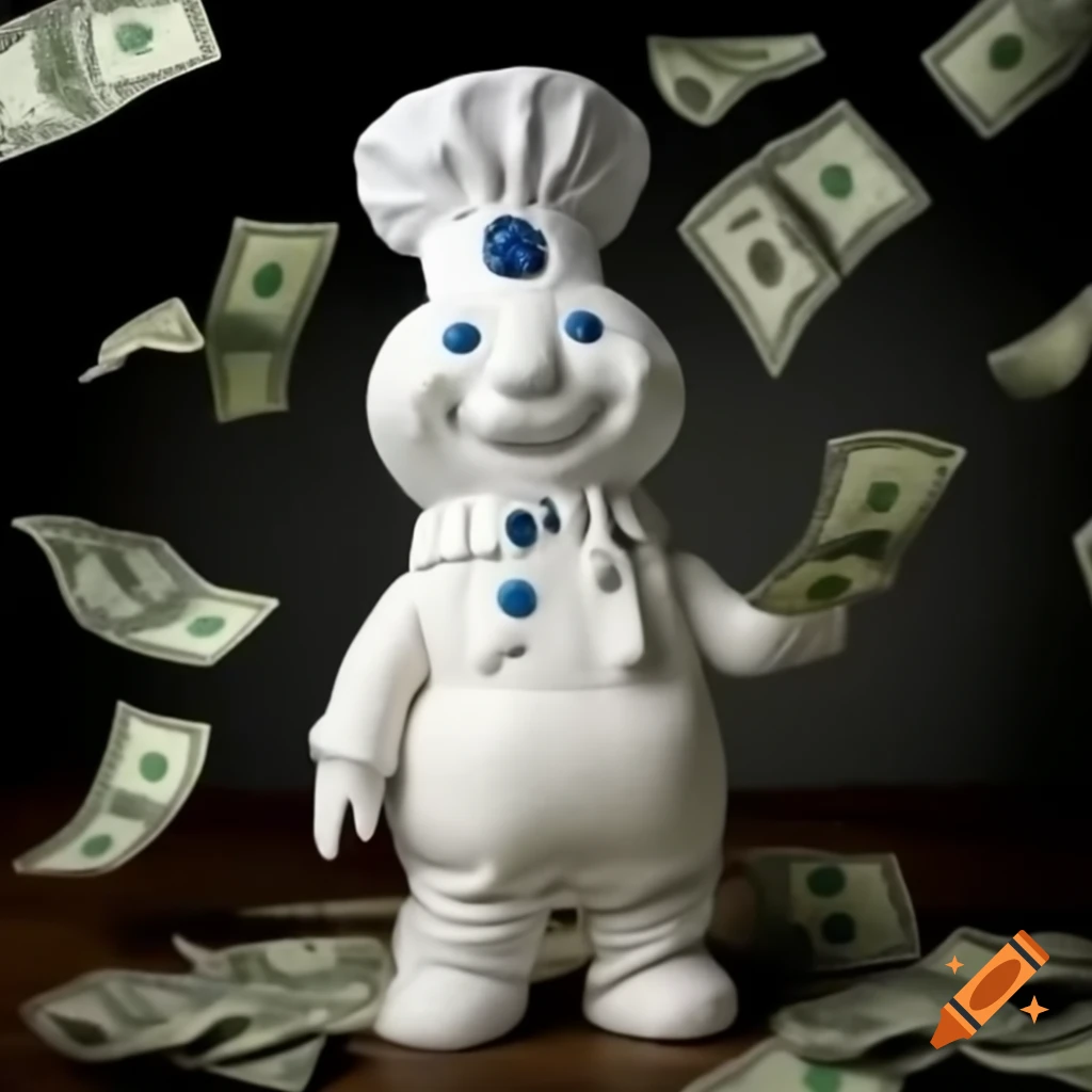 Pillsbury Doughboy holding money on Craiyon