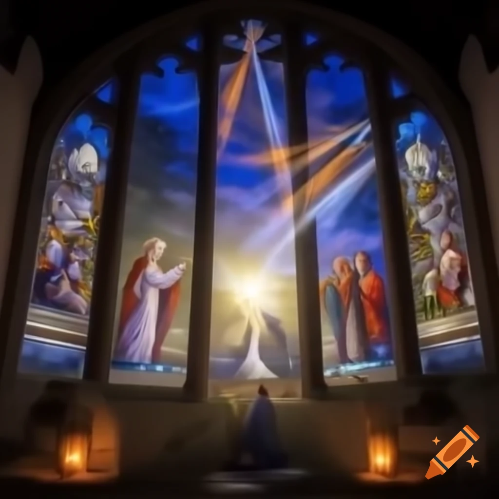 Vibrant light from stained-glass windows illuminating nativity scene in ...