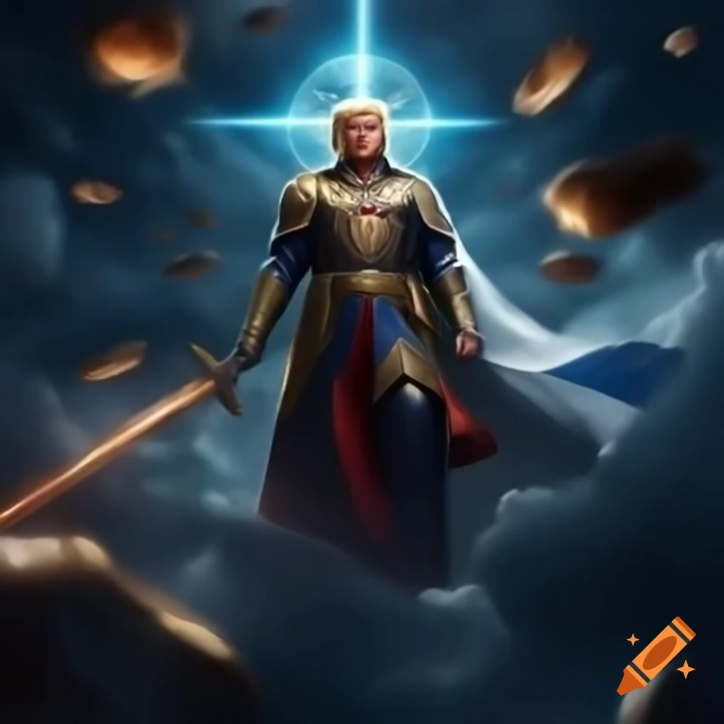 Powerful emperor in high-tech armor floating with longsword on Craiyon