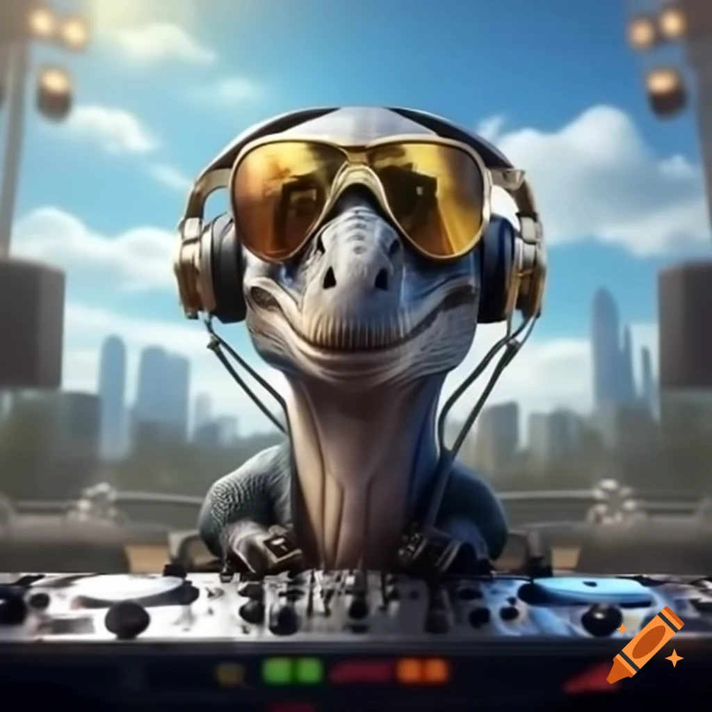 Hyper realistic Velociraptor as DJ with sunglasses and headphones in ...