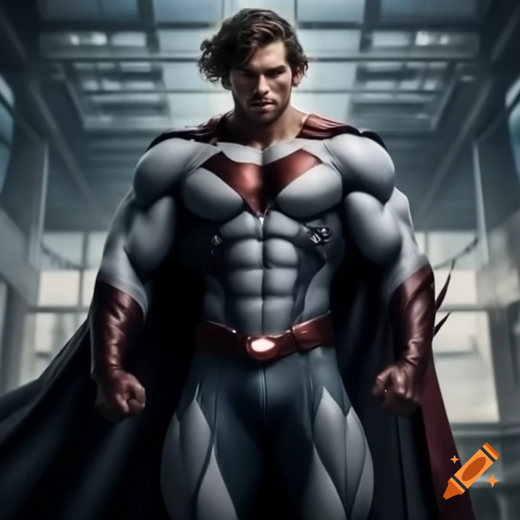 Muscular superhero in white and black jumpsuit standing on hospital ...