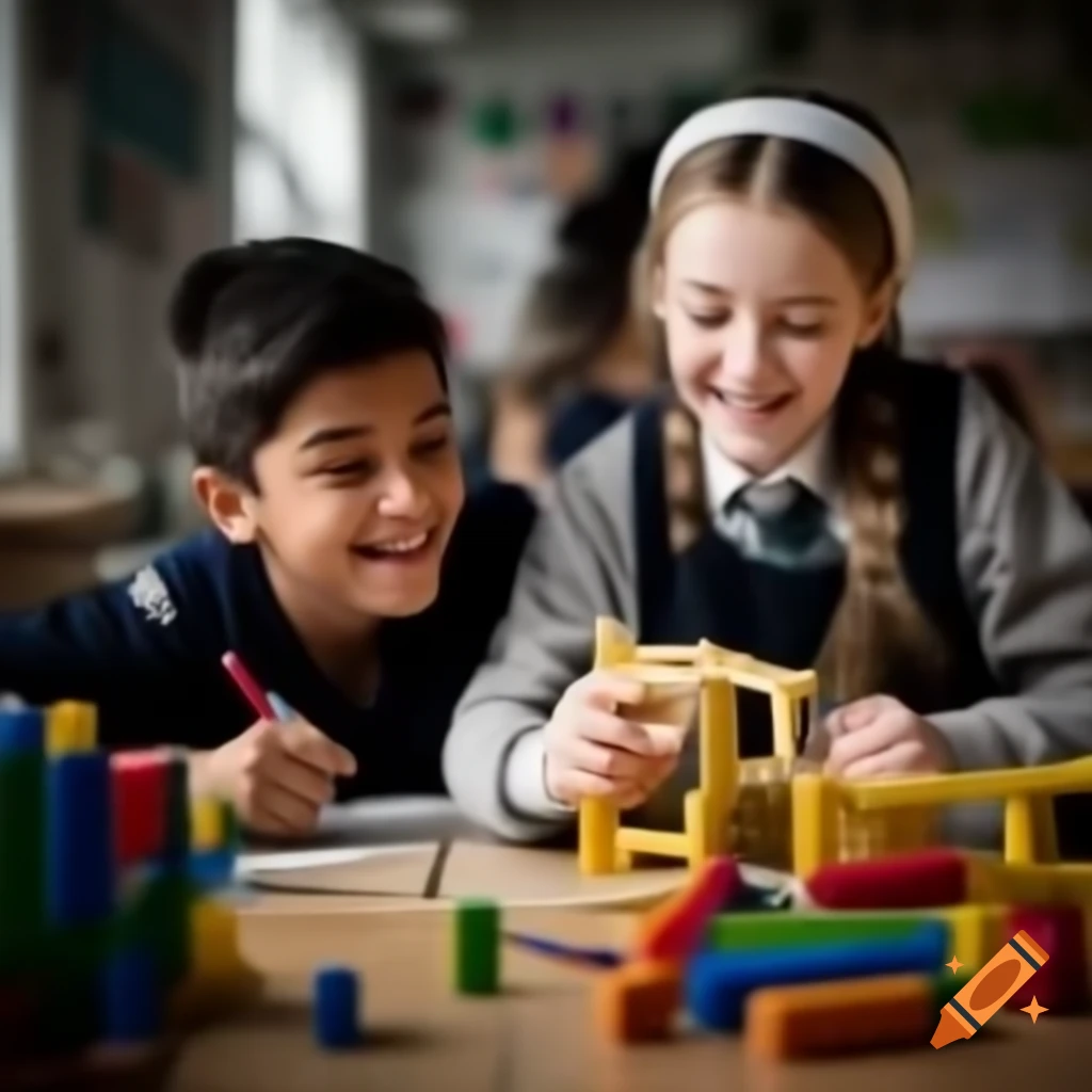 Students collaborating on school project with colorful materials on Craiyon