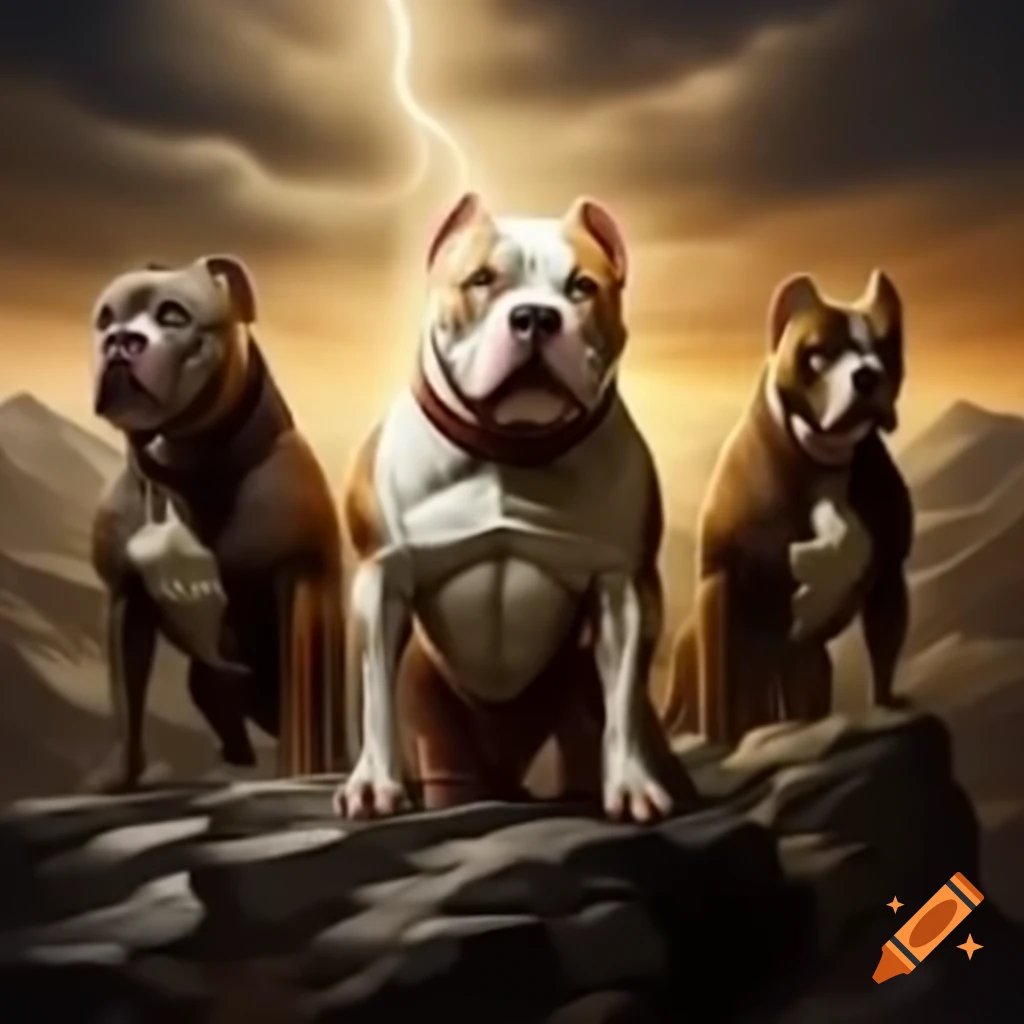 Three American Bully dogs in toga atop Mount Olympus with lightning in ...